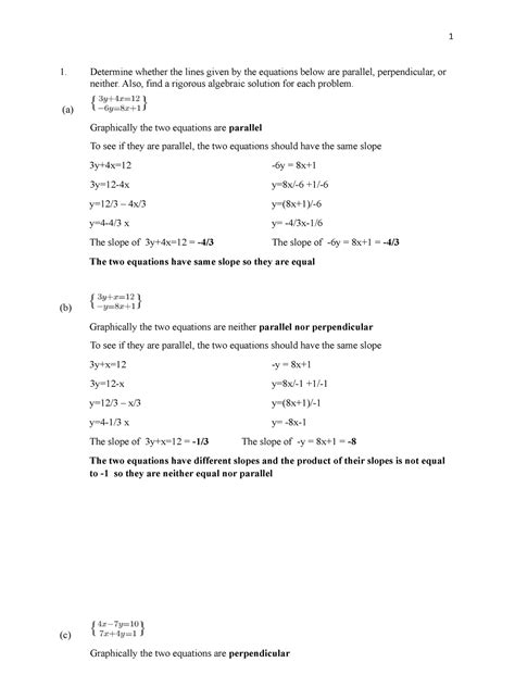 Math 1201 Written Assignment Unit 2 Determine Whether The Lines Given By The Equations Below