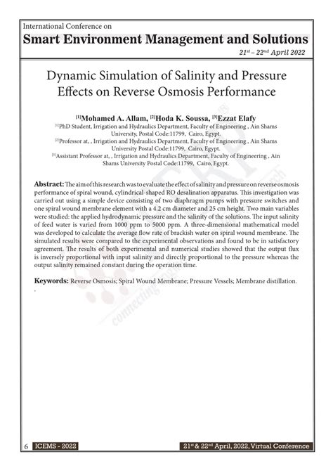 Pdf Dynamic Simulation Of Salinity And Pressure Effects On Reverse Osmosis Performance