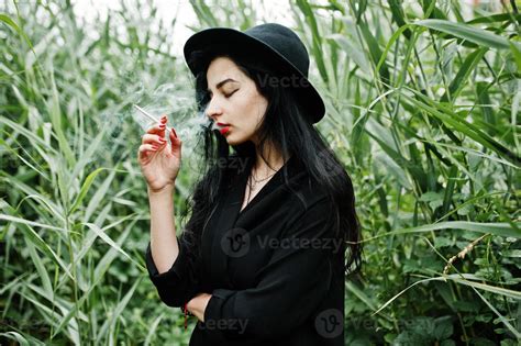 Sensual Smoker Girl All In Black Red Lips And Hat Goth Dramatic Woman