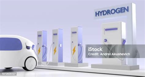 수소 연료 차량 충전소 배터리 및 전원 케이블 공급 장치가 연결된 현대 전기 자동차 배기가스 배출없이 친환경 운송 녹색 에너지의 개념 3d 렌더 일러스트레이션 3차원 형태에
