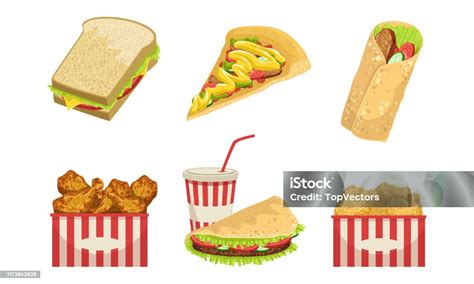 패스트 푸드 테이크 아웃 길거리 음식 요리 샌드위치 피자 샤와르마 프라이드 치킨 다리 타코 소다 음료 벡터 일러스트 건강한