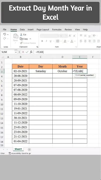 extract day month and year form a date in excel excel excelshortsvideo swapnjeet exceltips