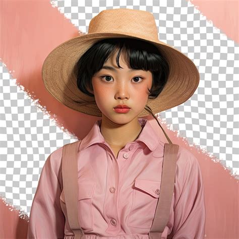 농부 의 옷 을 입은 동아시아 의 어린이 는 파스텔 파우 백그라운드 에 반발 한 포즈 를 취 한다 프리미엄 Psd 파일