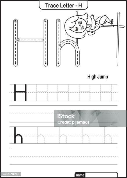 알파벳 추적 문자 A에서 Z 유치원 워크시트 문자 H 높은 점프 프로 벡터 Championship에 대한 스톡 벡터 아트 및