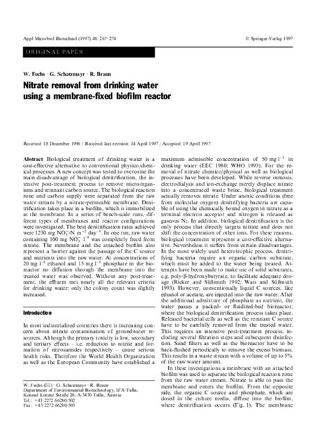 Pdf Nitrate Removal From Drinking Water Using A Membrane Fixed Biofilm Reactor