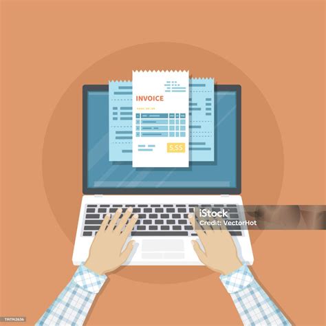 온라인 결제 서비스 노트북 화면에 청구서 양식 키보드에 인간의 손 인터넷 뱅킹 개념입니다 온라인 지불 회계 장부 고립 된 벡터 일러스트입니다 전자 산업에 대한 스톡 벡터
