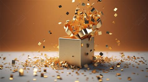 황금색 색종이 조각이 있는 세련된 포장되지 않은 선물 상자가 포함된 3d 배경 황금 종이 배경 금색 배경 포장 상자 배경 이미지 Hd 황금 종이 금색 포장 상자