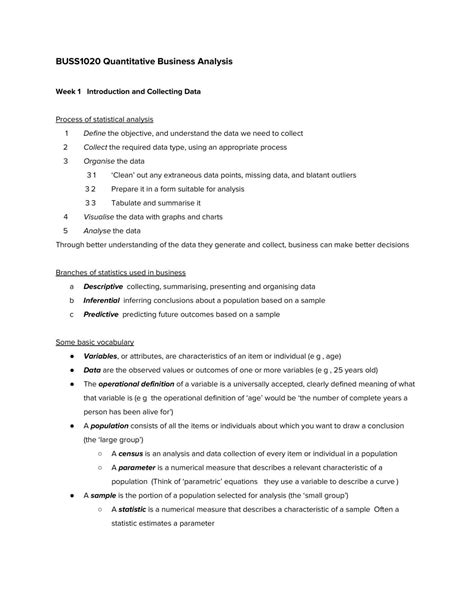 Quantitative Business Analysis Revision Notes Buss1020 Quantitative