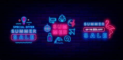 여름 세일 네온 간판 컬렉션 열기구 시즌 할인 배지 세트 벡터 일러스트 레이 션 해변 파티에 대한 스톡 벡터 아트 및 기타