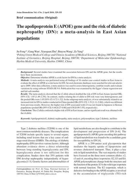 Pdf The Apolipoprotein E Apoe Gene And The Risk Of Diabetic