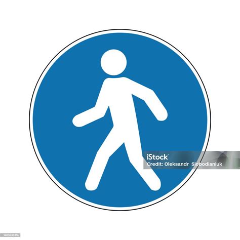 보행자 구역 표지판 필수 기호입니다 둥근 파란색 기호입니다 횡단 보도 도보 통행만 가능합니다 입구 교통 규칙을 따르십시오 도로