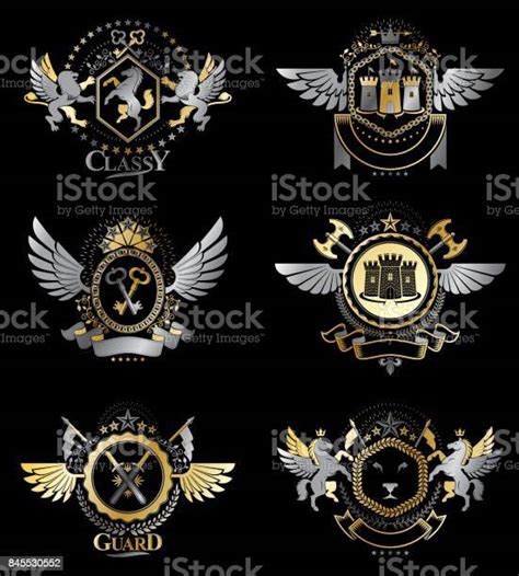 벡터 고급 문장 학 팔의 외 투입니다 컬렉션의 Blazons 빈티지 디자인 양식에 일치 시키는 그래픽 요소 로얄 크라운 및 플래그 별 타워를 사용 하 여 만든 병기 종교
