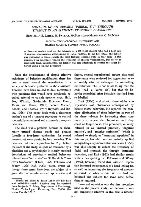 Pdf Control Of An Obscene Verbal Tic Through Timeout In An Elementary School Classroom