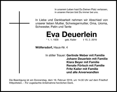 Traueranzeigen Von Eva Deuerlein Trauer Nn De