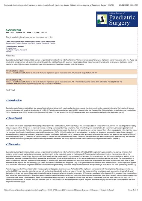 Pdf Ruptured Duplication Cyst Of Transverse Colon
