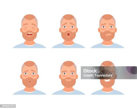 젊은 남자의 얼굴 표정이 설정되었습니다 회의적이고 화나고 행복하고 화가 난 얼굴의 만화 벡터 삽화를 가진 수염 난 남성 캐릭터