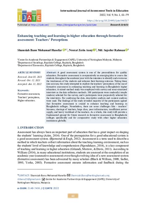 Pdf Enhancing Teaching And Learning In Higher Education Through Formative Assessment Teachers