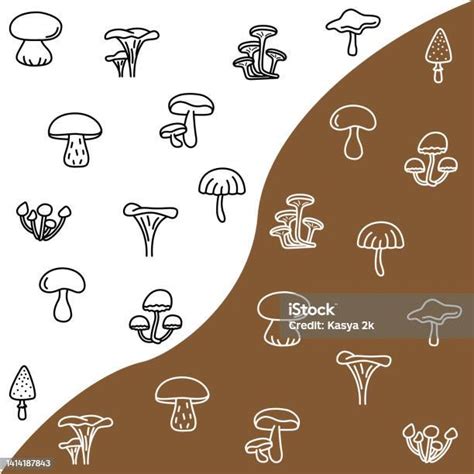 버섯 플랫 라인 아이콘 세트 유독하고 식용 버섯 기호 웹 사이트 또는 모바일 앱에 대한 간단한 평면 벡터 그림 느타리버섯에 대한 스톡 벡터 아트 및 기타 이미지 Istock