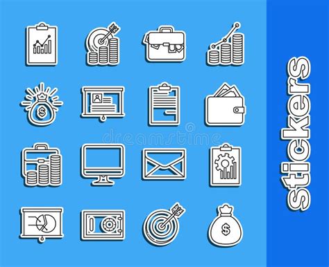 Set Line Money Bag Clipboard With Graph Chart Wallet Stacks Paper