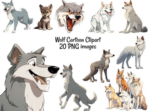 Cartoon Wolf Wolves Digital Downloads 20 Illustration Overlays Wolf Wildlife Clipart High