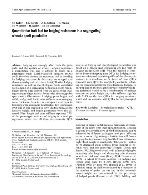Pdf Quantitative Trait Loci For Lodging Resistance In A Segregating Wheat Spelt Population