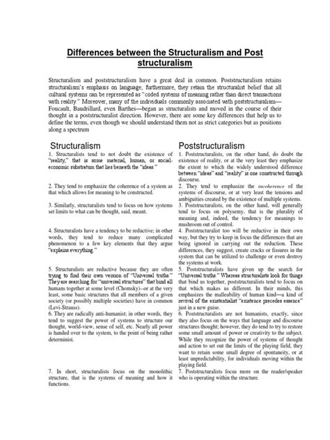 Differences Between The Structuralism And Post Structuralism Pdf Discourse Postmodernism