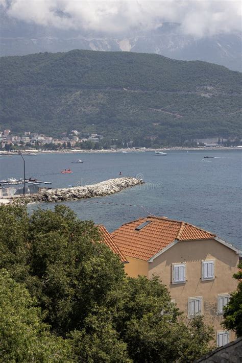 Aerial View From The Citadel Of Stone Breakwater At Adriatic Sea Budva Montenegro Editorial