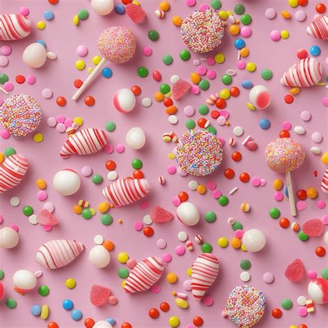 A Pink Background With Many Different Candies And Candy On It Premium