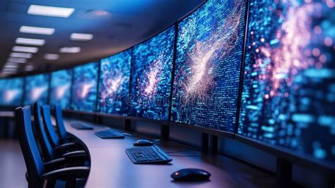 Modern Control Room Featuring Multiple Screens Displaying Data Visualizations And News Updates