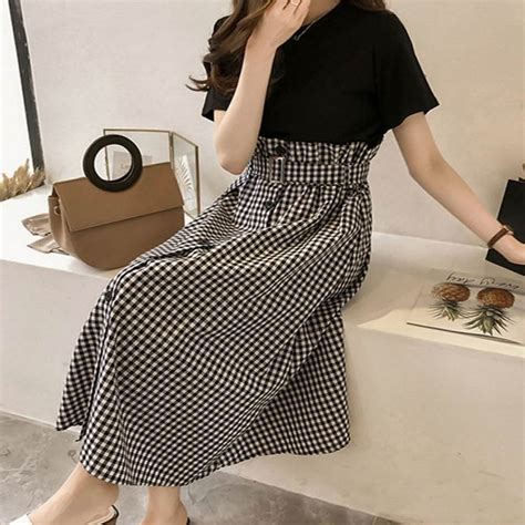 🌈인기템🌈여자 검정 반팔티 허리밴딩 체크 스커트 투피스 세트 에이블리