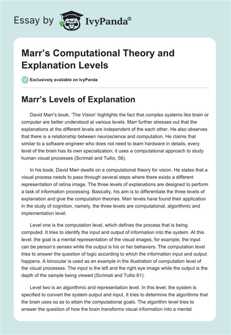 Marrs Computational Theory And Explanation Levels 833 Words Essay