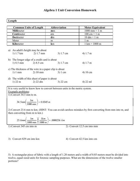 Algebra 1 Unit Conversion Homework Worksheets Library