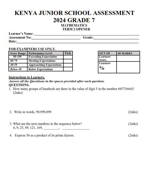 2024 Grade 7 Opener Term 2 Exams With Marking Schemes Elimu Cloud