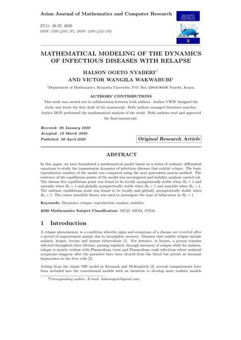 Pdf Mathematical Modeling Of The Dynamics Of Infectious Diseases With Relapse