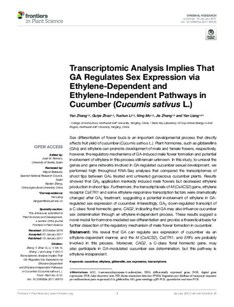 Pdf Transcriptomic Analysis Implies That Ga Regulates Sex Expression Via Ethylene Dependent