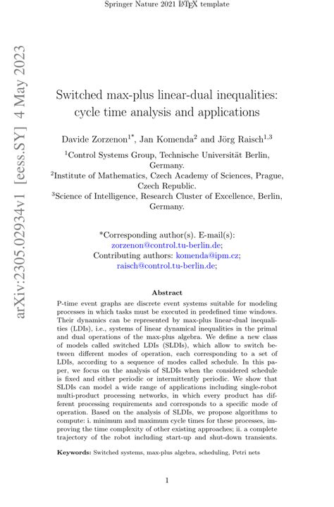 PDF Switched Max Plus Linear Dual Inequalities Cycle Time Analysis And Applications