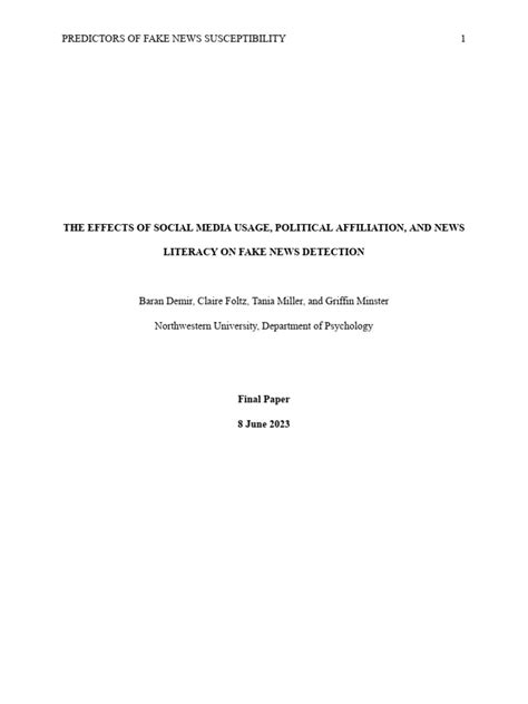 The Effects Of Social Media Usage Political Affiliation And News Literacy On Fake News