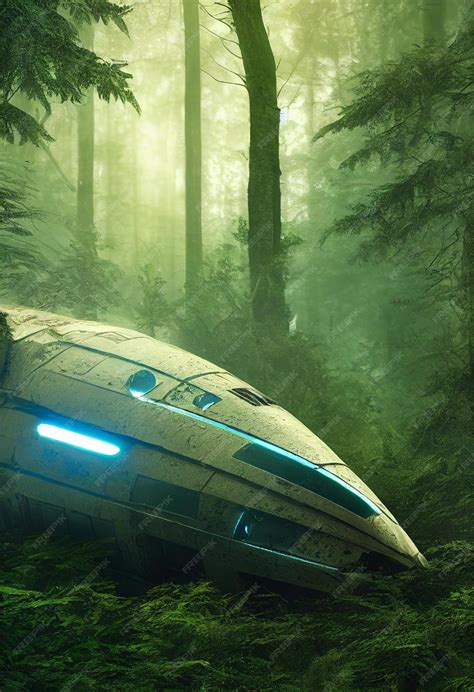Premium Ai Image Crashed Spaceship In Forest 3d Illustration
