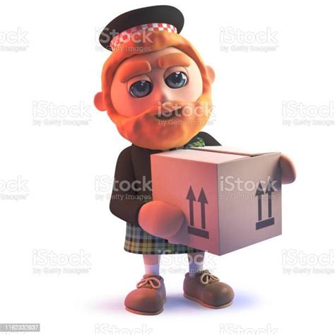 3d에서 골판지 상자 소포를 배달 킬트에 스코틀랜드사람 드레스에 대한 스톡 사진 및 기타 이미지 드레스 디자인 만화 Istock