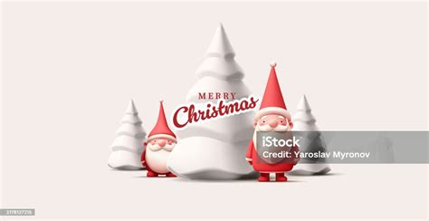 즐거운 성탄절 산타와 엘프의 3d 캐릭터 눈 덮인 크리스마스 트리가 있는 난쟁이 요정 크리스마스 축하 개념 인사말 및 웹 디자인을 위한 축제 배너 벡터 꼬마 요정에 대한