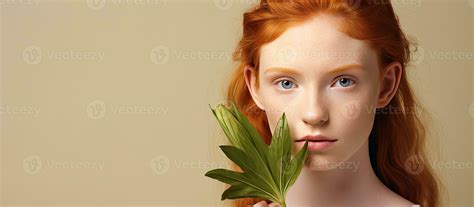 Close Up Portrait Of A Freckled Redhead Girl With A Lily Showcasing Natural Beauty Against A