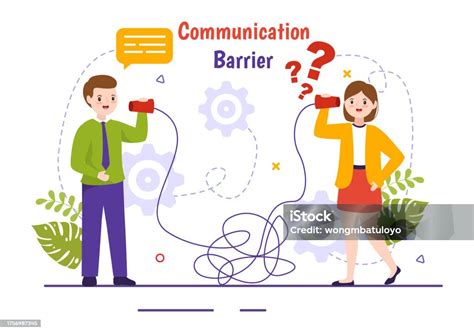통신 장벽 벡터 일러스트 레이 션 나쁜 의사 소통 의견 불일치 및 오해에 대한 문제는 평면 배경에 혼란을 만듭니다 경계에 대한