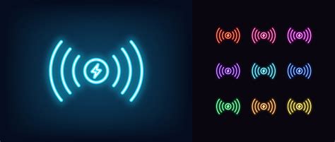 윤곽선 네온 전기 충전 지점 아이콘 세트입니다 빛나는 네온 번개 기호와 파도가 있는 무선 충전 장소 도크 스테이션 배터리 장치