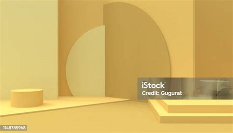 연단 기하학적 원과 직사각형 샾 구성 모양 최소 및 현대 개념 아트 파스텔 노란색 벽 장면 노란색 배경3d 렌더링 기하 도형에 대한 스톡 사진 및 기타 이미지 Istock