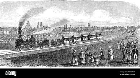 Der Erste Zug Auf Der Bahnlinie Der Eisenbahn Von Dresden Nach Leipzig