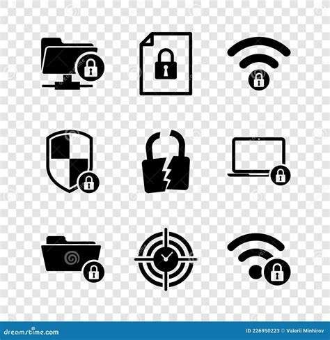 Set FTP Folder And Lock Document Wifi Locked Folder Time Management And Icon Vector Stock