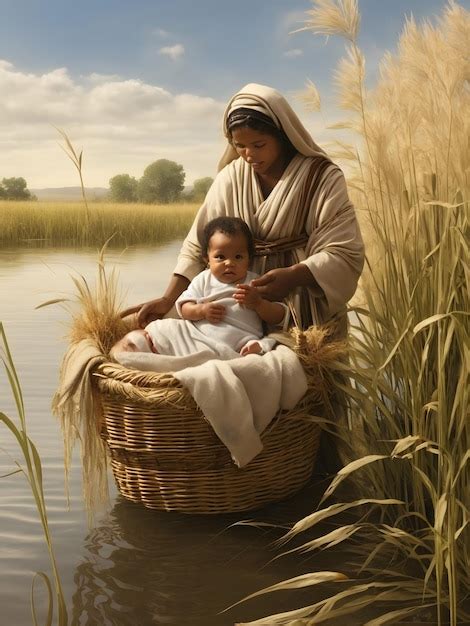 Ilustre A Cena Em Que Joquebede Coloca O Bebê Moisés No Cesto De Junco Foto Premium