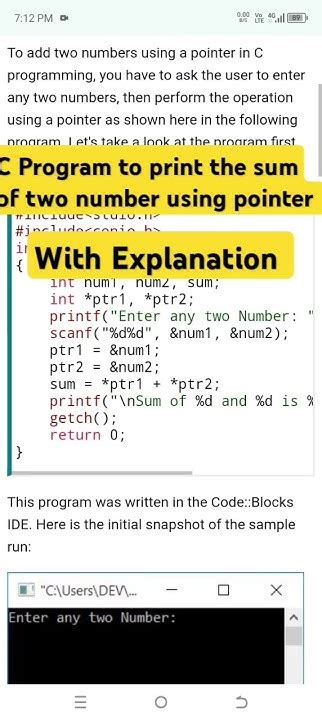 C Program To Print The Sum Of Two Numbers Using Pointers Coding