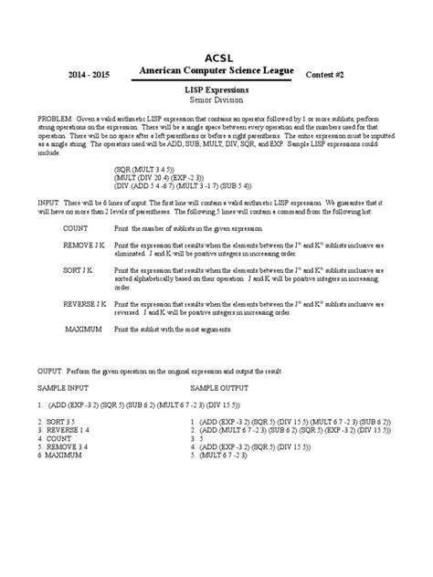 Acsl American Computer Science League Lisp Expressions 2014 2015 Contest 2 Pdf Discrete