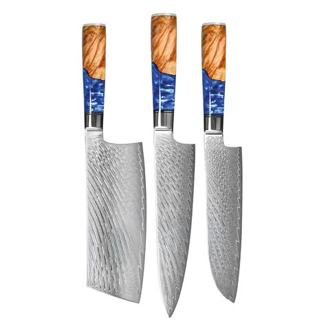 Shinrai Knives Epoxy Sapphire 3 Delige Damascus Messenset Koksmes Kookgigant